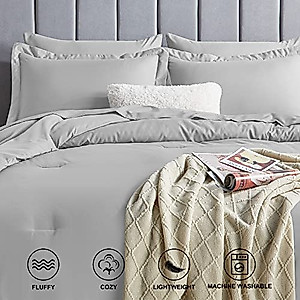QSTEHEML Queen Comforter Set 7 Pieces, Solid Color Light Grey Queen Bedding Sets, Soft Queen Bed in a Bag with Comforter, Flat Sheet, Fitted Sheet, Pillow Shams and Pillowcases for All Season