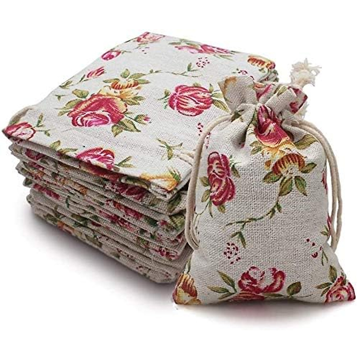 Hapdoo 50 Pack Rose Double Drawstring Burlap Bags Gift Reusable Linen Bags Jewelry Pouches Sacks for Wedding Party Gift 4"x 5.5", Presents, Festivals