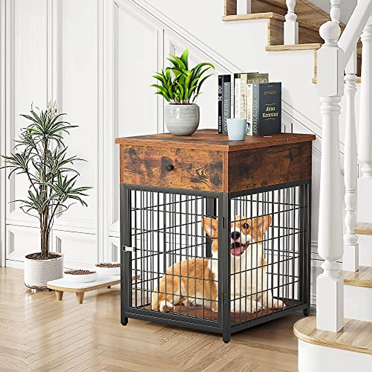 IDEALHOUSE Furniture Dog Crates, 28.9" Wood Dog Kennel with Flip-up Drawer Chew-Proof Home Wooden Dog Crate, Small Pet Dog Indoor Crate Side Table Vintage, 23.4” x 20” x 28.9” with Flip-up Drawer