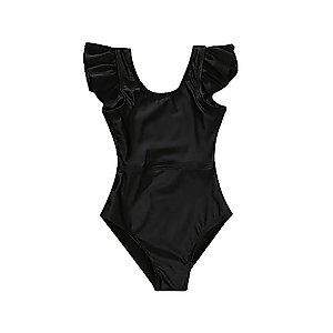 Mom and Me Matching Family Swimsuit Solid Color Small Fly Sleeves One-Piece Mother Daughter Girl One Piece Swimsuit (3-9 Years, A-Black Girls, 8-9 Years)