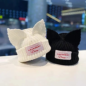 Cat Ear Hat Cute Beanie Hat Knit Wool Cap Warm Slouchy Crochet Hat (Black)