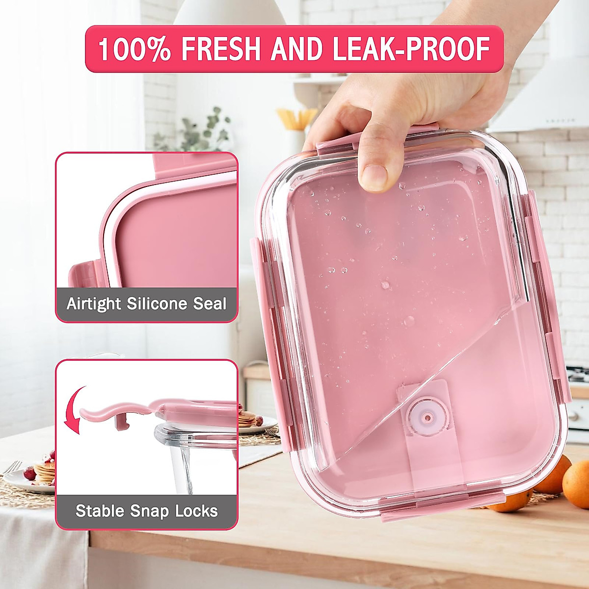 Ansukow Glass Food Storage Containers Set with Lids Meal Prep Containers Reusable for Dishwasher/Microwave/Oven/Freezer,10PCS(10 lids & 10 Containers)-PINK