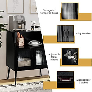 Giantex Buffet Cabinet with Storage, Farmhouse Sideboard with Open Shelves & Tempered Glass Door, Mid Century Free-Standing Kitchen Cupboard for Living Room Hallway, Black