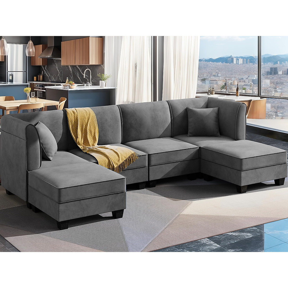 JAMFLY Modular Sectional Sofa U Shaped Sectional Couch with Reversible Chaise Convertible Sectional Couches for Living Room, 6 Seat Sofa Couch with Ottomans, Drak Grey