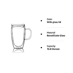 ALLYCE 15 Oz Double Walled Coffee Cups Glass Coffee Mugs Clear Coffee Mug with Lid Insulated Coffee Mug Perfect for Cappuccino,Tea,milk,Espresso,juice, Hot Beverage with Handle (15oz, with glass lid)