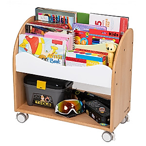 Flying Olly Kids Bookshelf, Solid German Beech Wooden Toddler Bookcase with Wheels, Children Books Display Shelf, Baby Books and Toys Storage Rack, Infant Book Cart for Bedroom, Playing Room - Green