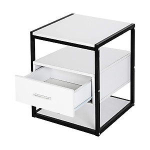 Nightstand Set of 1 with Drawer Modern Square End Side Table for Storage Open Shelf in Bedroom, Living Room, Small Space, Stable Metal Frame, White Compact and Sturdy Storage Solution