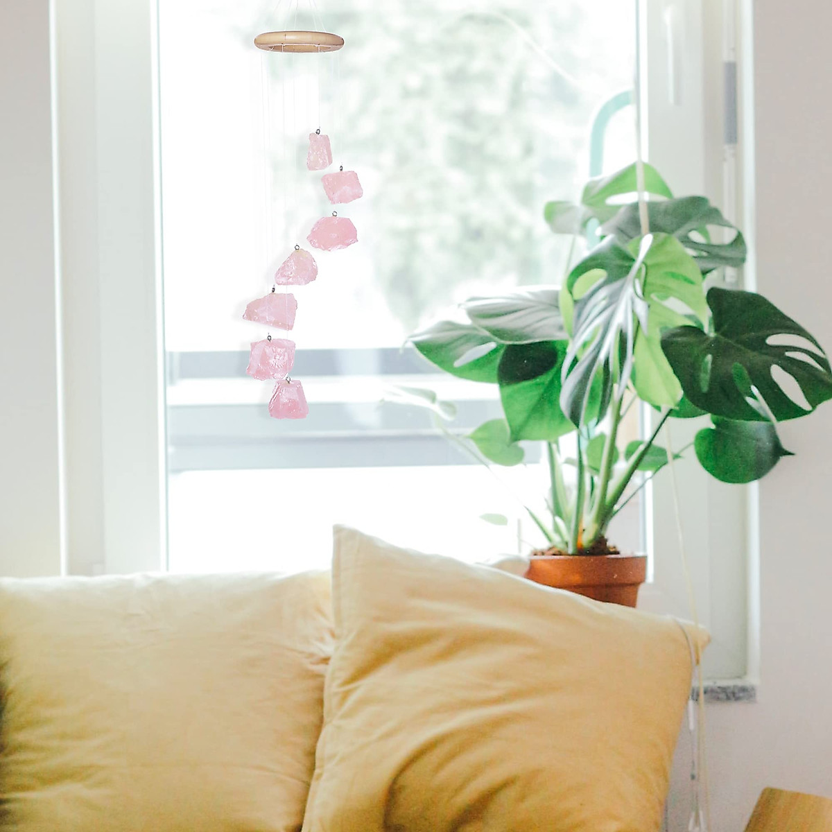 Cozy Tower Unique Rose Quartz Wind Chimes for Women Pink Crystal Hanging Ornaments Indoor Home and Garden Decor Housewarming Gift