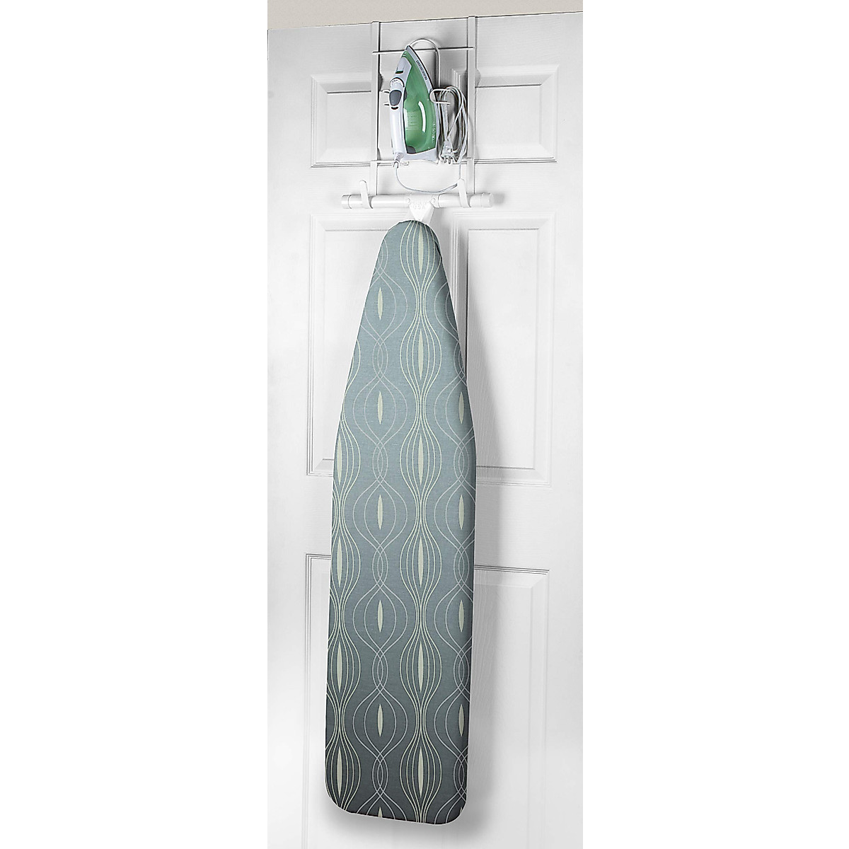 Spectrum Diversified Over-the-Door Holder No-Installation Iron & Ironing Board Storage, Sturdy Steel Construction With Rubberized Hook Ends Laundry Room Storage & Closet Organization, White, Large