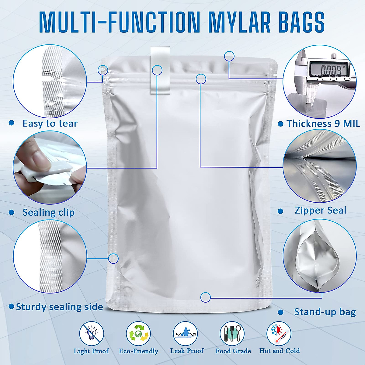 100 Pack Mylar Bags for Food Storage with 100x300cc Oxygen Absorbers - 9 Mil 10"x14" 6"x9" 4.3"x6.3" - Resealable Bags for Packaging Products & Ziplock Food Grade Bags for Storage