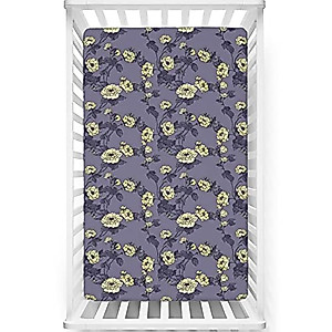 Roses Themed Fitted Mini Crib Sheets,Portable Mini Crib Sheets Toddler Bed Mattress Sheets-Baby Crib Sheets for Girl or Boy,24“ x38“,Dark Violet Ivory