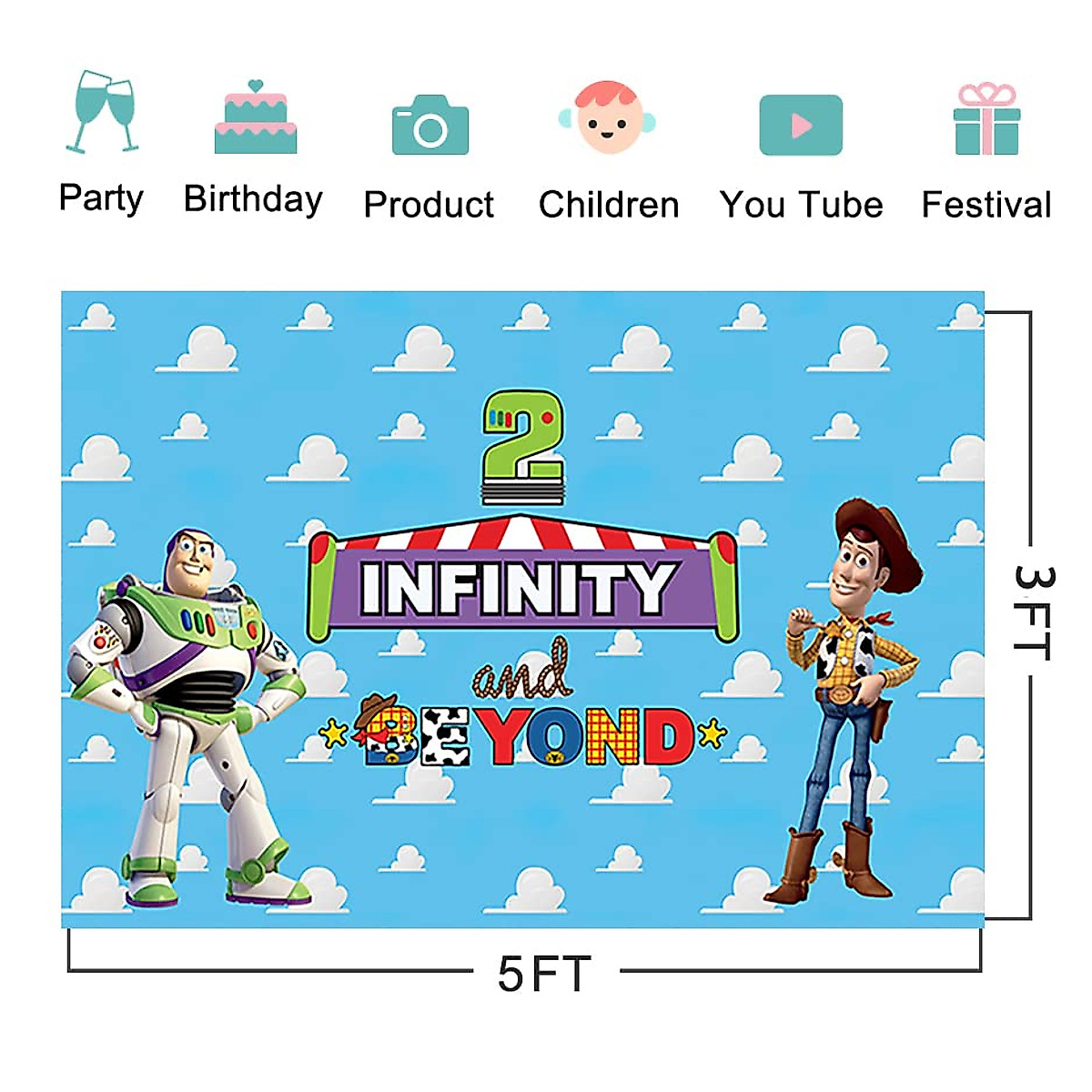 Two Infinity and Beyond Backdrop for 2nd Birthday Party Supplies 5x3ft Toy Story Photo Backgrounds Two Infinity and Beyond Theme Baby Shower Banner for Birthday Cake Table Decoration