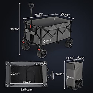 Sekey 220L Collapsible Foldable Wagon with 330lbs Weight Capacity, Heavy Duty Folding Utility Garden Cart with Big All-Terrain Beach Wheels & Drink Holders. Grey