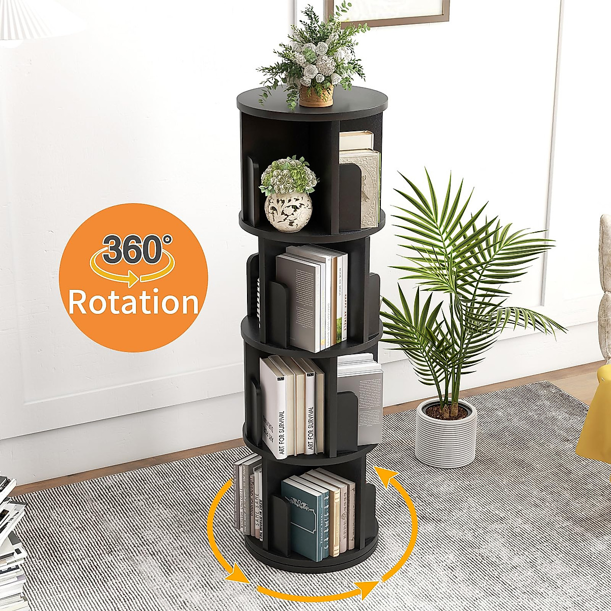 oneinmil 360°Rotating Bookshelf, Small Corner Bookcase with a Small Footprint, 4 Tier Standing Bookcase for Kids & Adults, Wood Bookshelf Designed for Bedroom, Living Room, Black