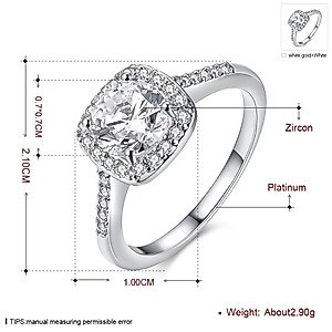 Uloveido Charm White Cubic Zirconia Wedding Band with Square Simulated Diamond Rhodium Plated Brass Rings Engagement for Women (Platinum Color, Size 9) KR002
