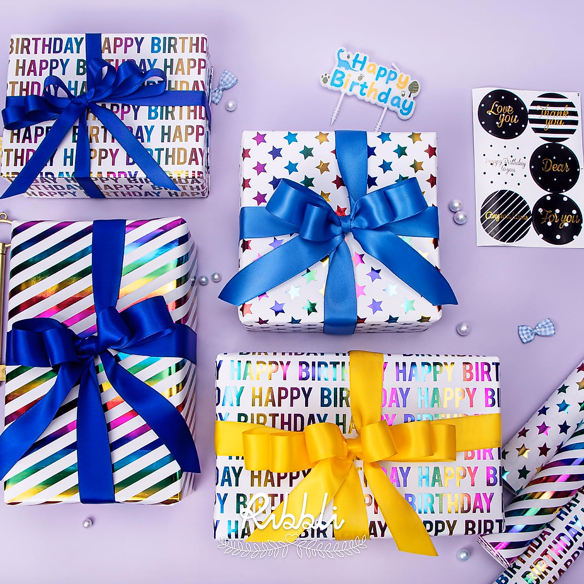 Ribbli Birthday Wrapping Paper 30 Inch Iridescent Gift Wrapping Paper 4 Rolls Happy Birthday Polka Dots Stripes Stars Printed Assortment -120 inch(10feet) Per Roll