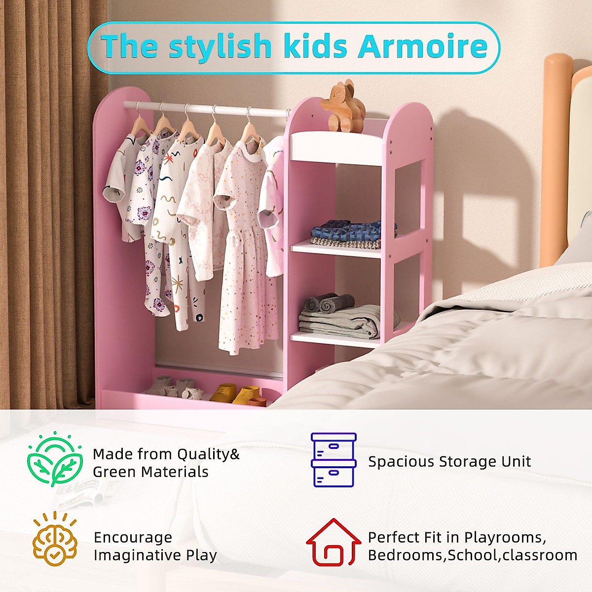 67i Kids Dress up Storage with Mirror Kids Play Armoire Open Hanging Armoire Closet Storage Closet Dresser Pretend Costume Dresser Organizer Center for Little Girls Bedroom (Pink)