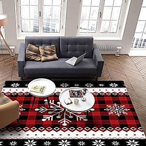 Christmas Theme with White Snowflakes Art Home Decor Rug, Red and Black Plaid Machine Washable Area Rugs, with Anti-Slip Backing Indoor Carpet for Living Room Bedroom Study Dining Room-3' x 4'