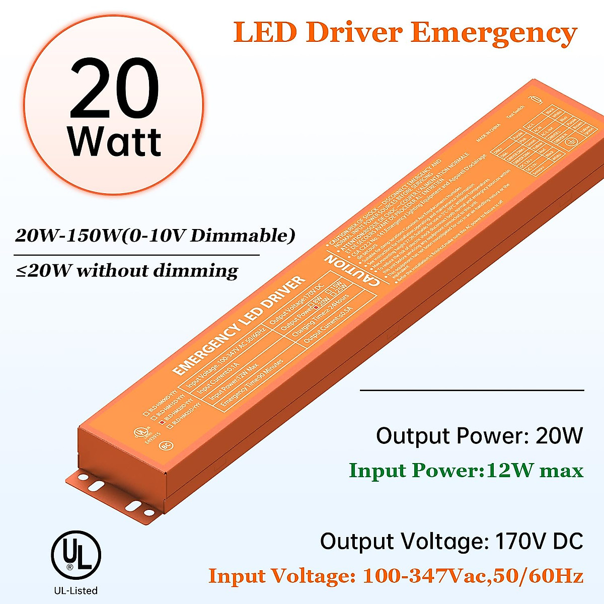 Emergency LED Driver 20W, Rechargeable Battery Backup Driver 100V-347VAC, LED Emergency Driver for Less than155W Dimmable LED Troffer Panel and Linear Fixtures, Over 90mins Emergency Time, UL Listed