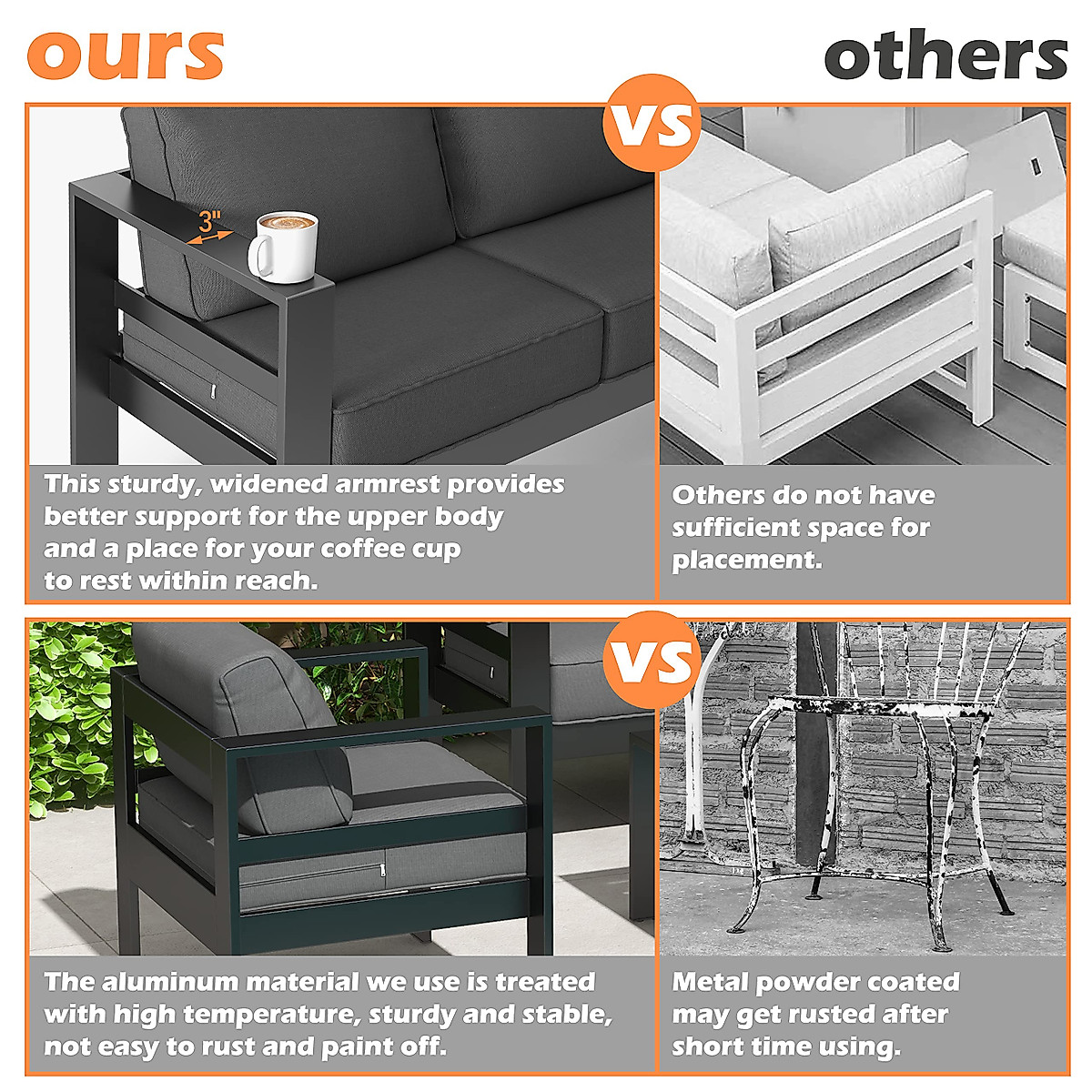 Betterhood Aluminum Patio Furniture Set, Modern Outdoor Seating with Upgrade Cushion & Wide Armrest, Patio Sofa for Balcony, Garden,Additional Dust Cover, Dark Grey