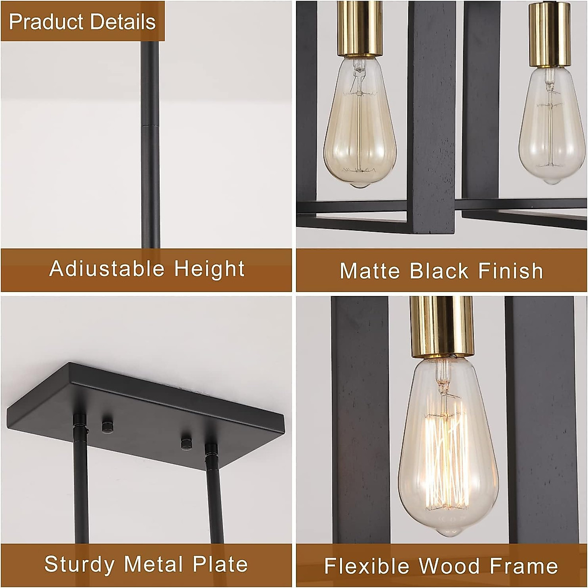 35.4" Kitchen Island Lighting Fixture, Dining Room 4 Lights Chandeliers, Black Wood+Metal Pendant Light for Foyer Hallway Living Room