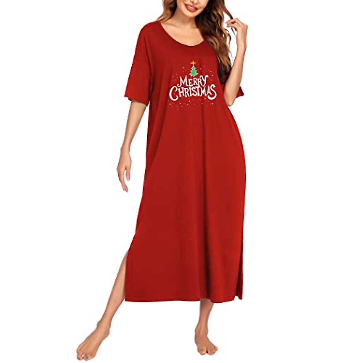 Ekouaer Long Nightgown for Women Short Sleeve Sleepwear Plus Size Loungewear with Pockets Red Christmas Tree XL