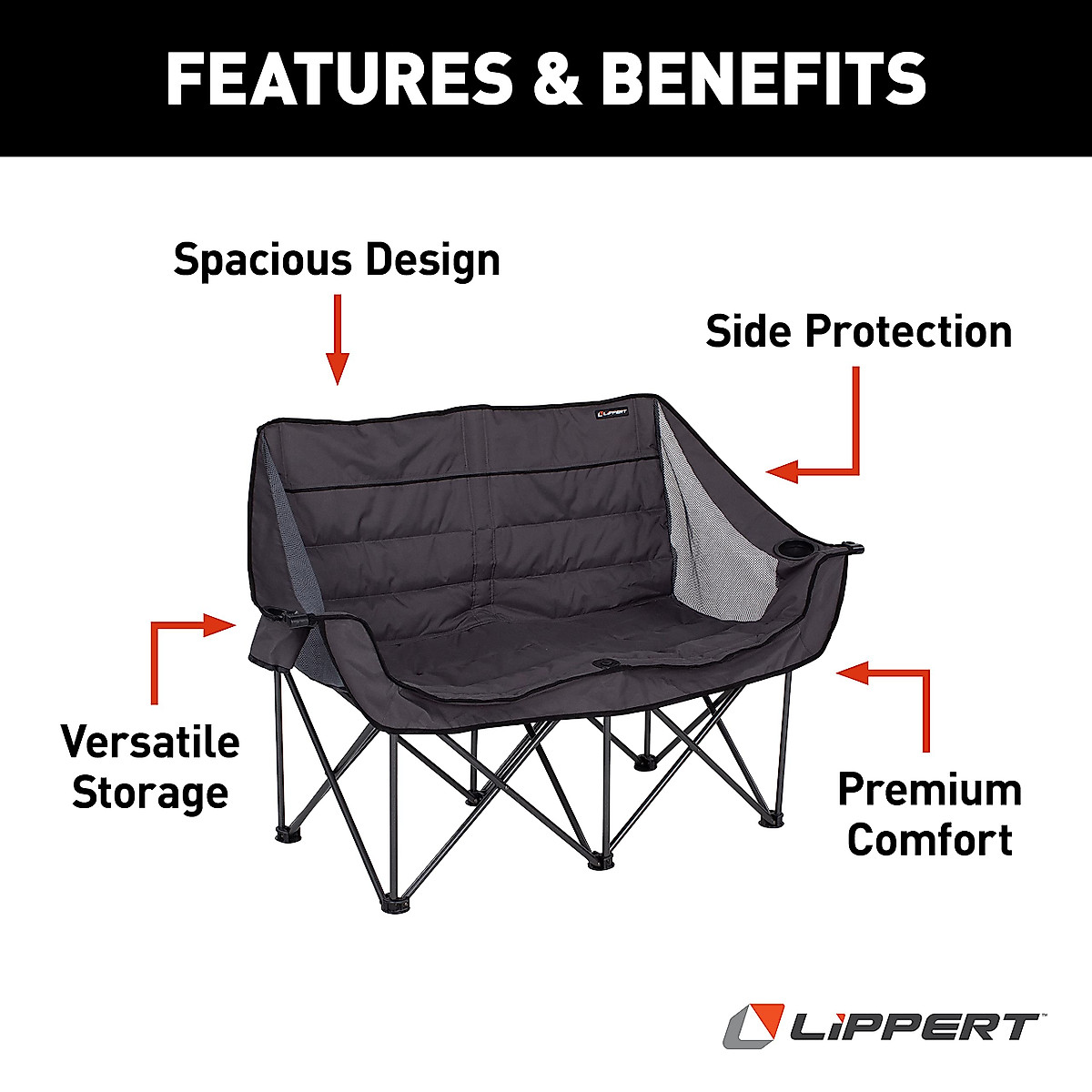 Lippert Folding Padded loveseat for Camping with Carry Bag Dark Grey