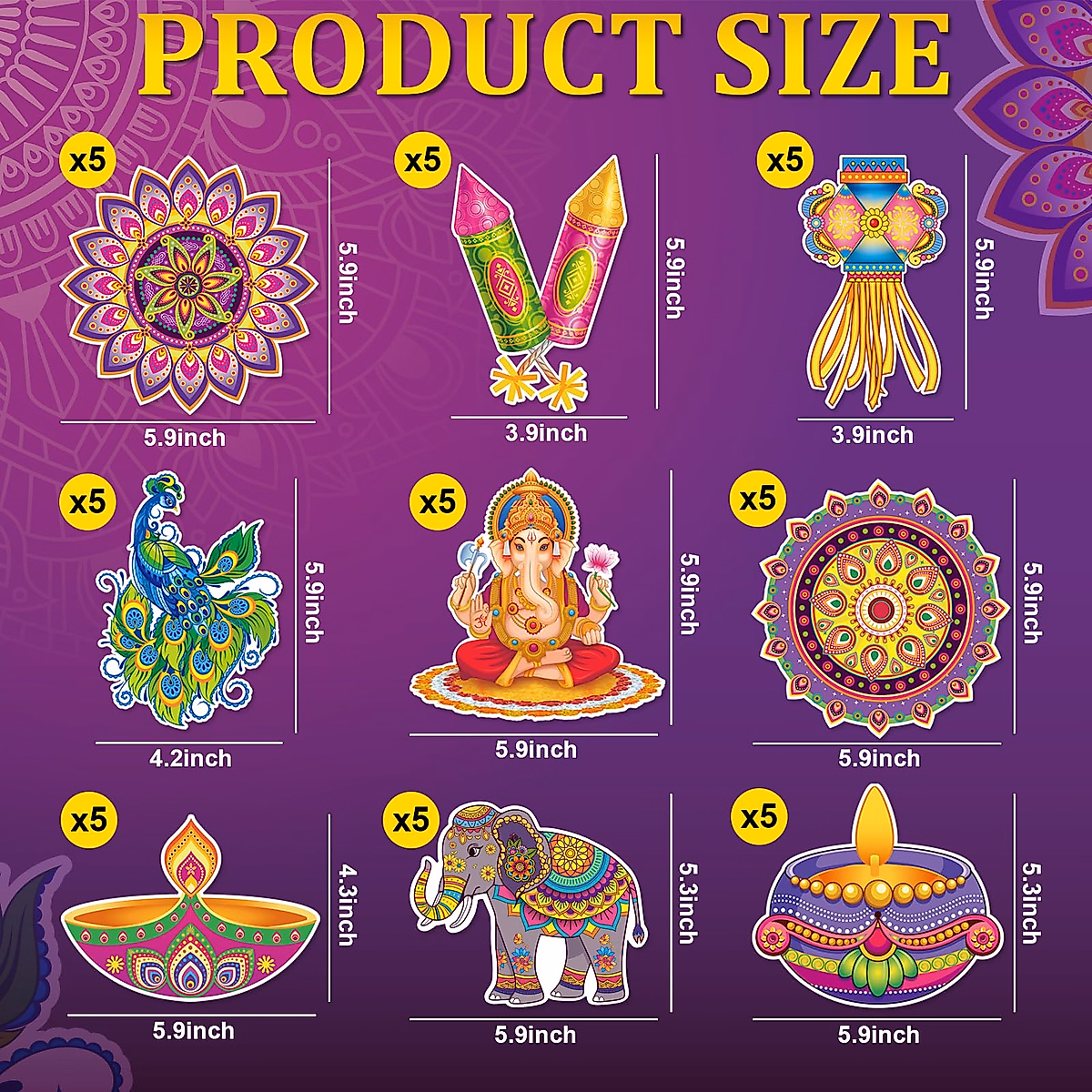 Diwali Paper Cutout Decorations for Home,Diwali Decor with Rangoli Peacock Ganesh Diya Elephant for Rangoli Deepavali Party Decorations Supplies-45 Pcs