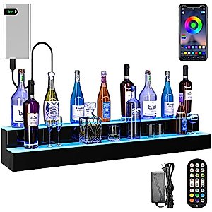 YITAHOME LED Lighted Liquor Bottle Display Shelf Supports USB & Power Bank, 2-Step 48-inch Bar Liquor Alcohol Shelf for Home Counter Party, Acrylic Mounted Whiskey Rack Stand with Remote & App Control