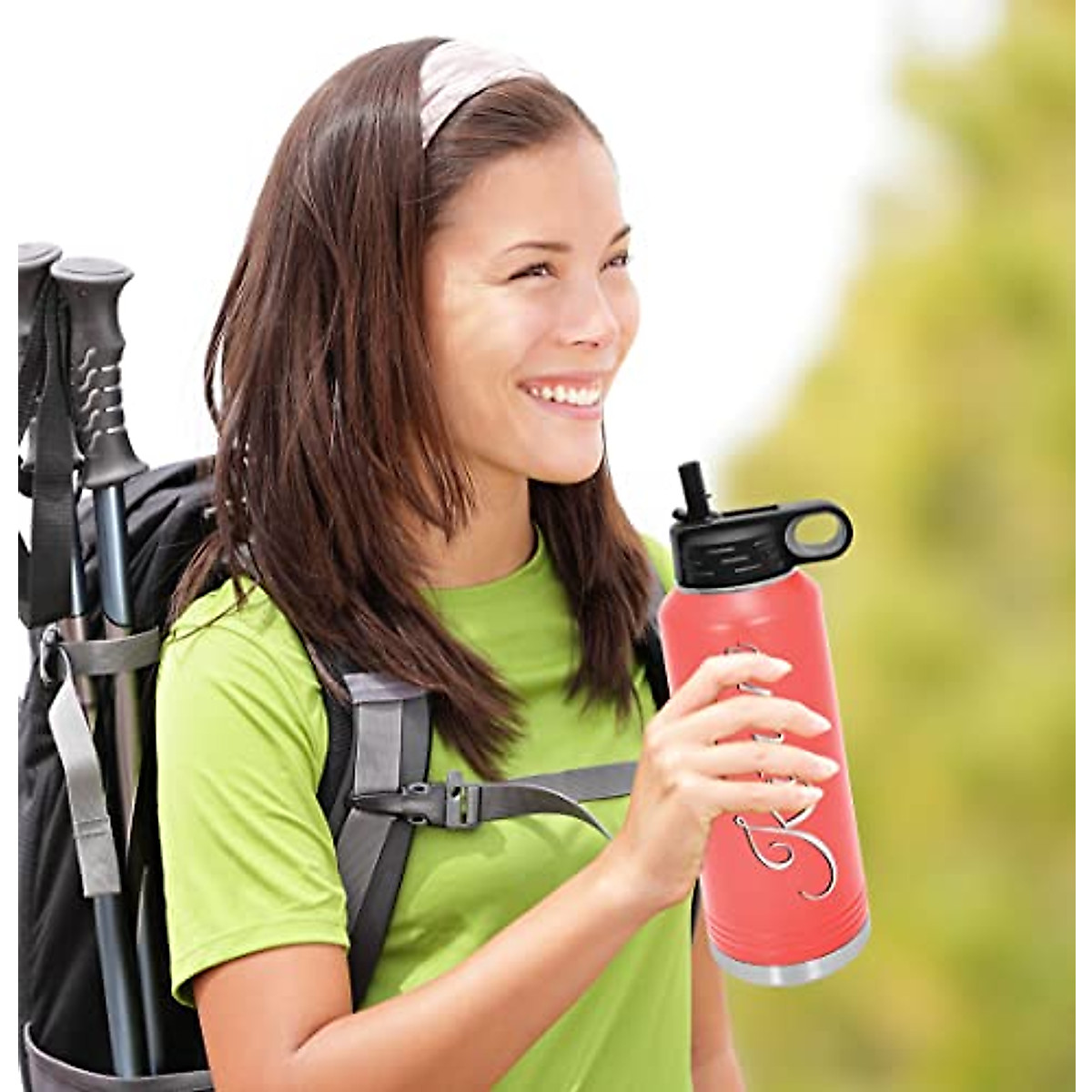 Polar Camel Personalized Water Bottles 32oz with Flip-Top Lid and Straw, Customized Vacuum Insulated Flask, Stainless Steel Sports Double Wall Thermos, Your Logo Name and Text Engraved in USA(Coral)