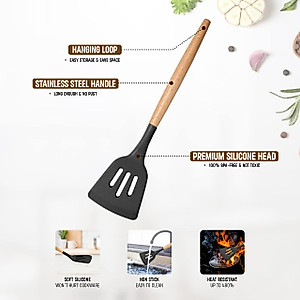 LaGrace O Naturel 12 Pcs Non-stick Silicone Kitchen Utensil Set – Wooden Spoons For Cooking - 446°F Heat Resistant Turner Tongs, Spatula, Spoon, Brush,