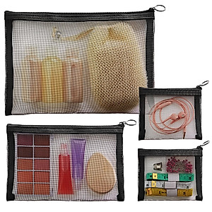 Glamlily Mesh Makeup Bag Set of 4, Travel Zipper Pouch for Cosmetics (Black, 3 Sizes)