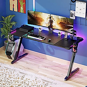 EUREKA ERGONOMIC Z60 Gaming Desk with Led Lights, 60 Inch Large RGB Gaming Computer Desk for Home Office Work Study Writing with Mouse Pad, Easy to Assemble, 24" Wide, Carbon Fiber Black