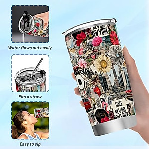 Retro Collage Style Unique Stainless Steel mugs for hot and cold with Straw Leak Resistant Flip coffee travel mug 20oz for Water, Iced Tea or Coffee Aesthetic travel coffee tumbler 20 OZ