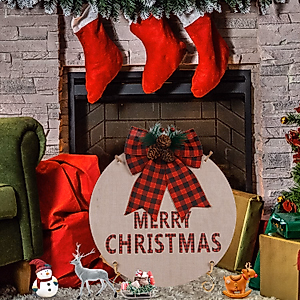 Merry Christmas Wreath Hanging Sign Front Door Round Wood Sign with Buffalo Check Bow, Rustic Xmas Linen Holiday Decor for Farmhouse Porch Living Room Home Garden Christmas Decoration.