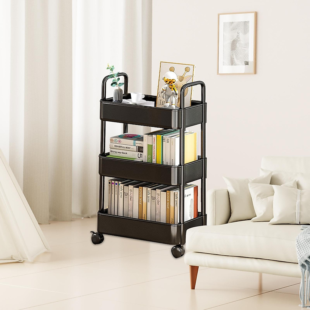 FUKKA Storage Rolling Cart, Utility Cart Rolling Cart Organizer, Storage Cart with Handle, Rolling Cart Snack Cart, Storage Cart Movable Storage Organizer for Kitchen, Bedroom, Living Room