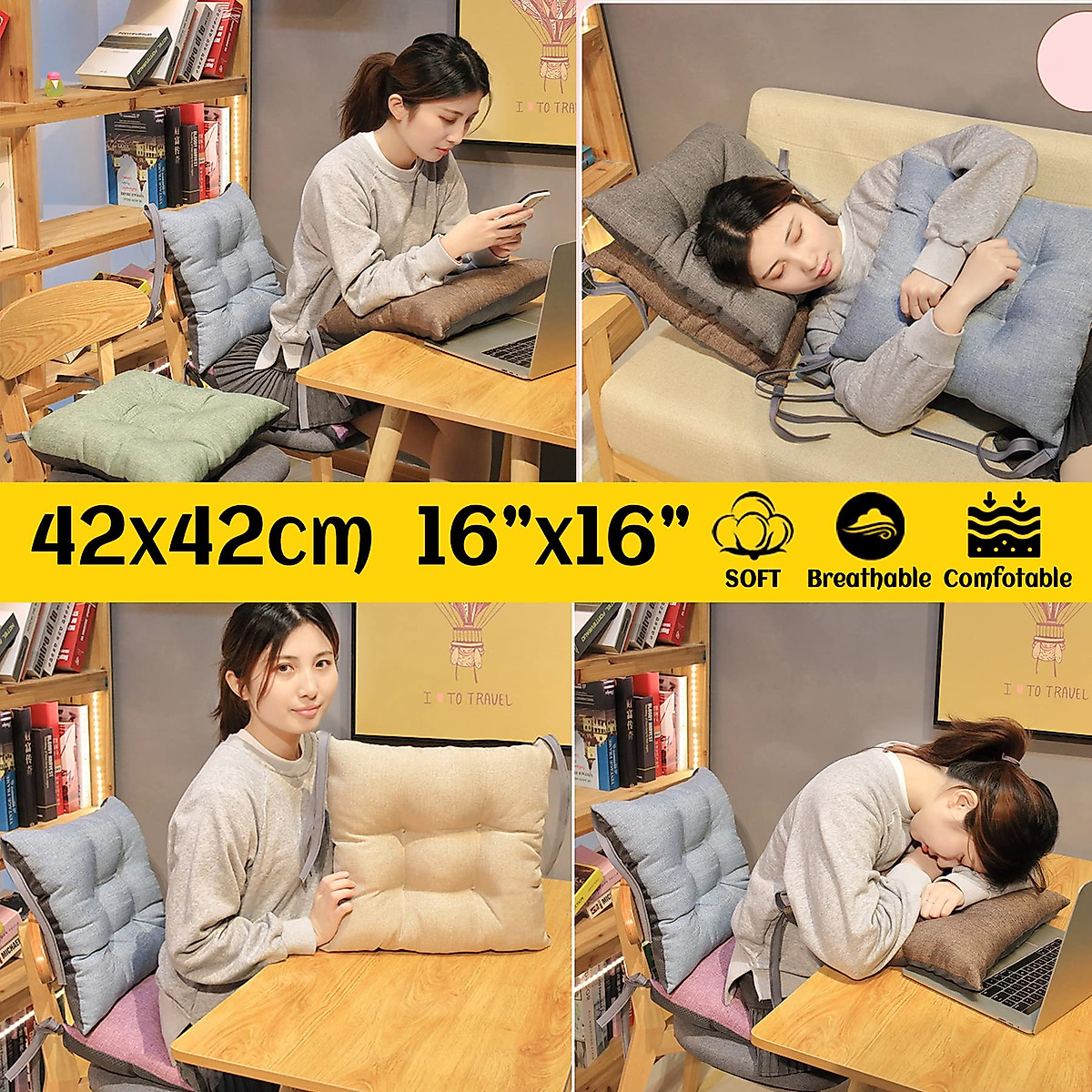 NINE GAD Chair Cushions for Dining Chairs 6 Pack - Cojines para Sillas De Comedor, Pads Set of 6, Non Skid Kitchen Sofa Office Room Decor (Green), 16 Inches