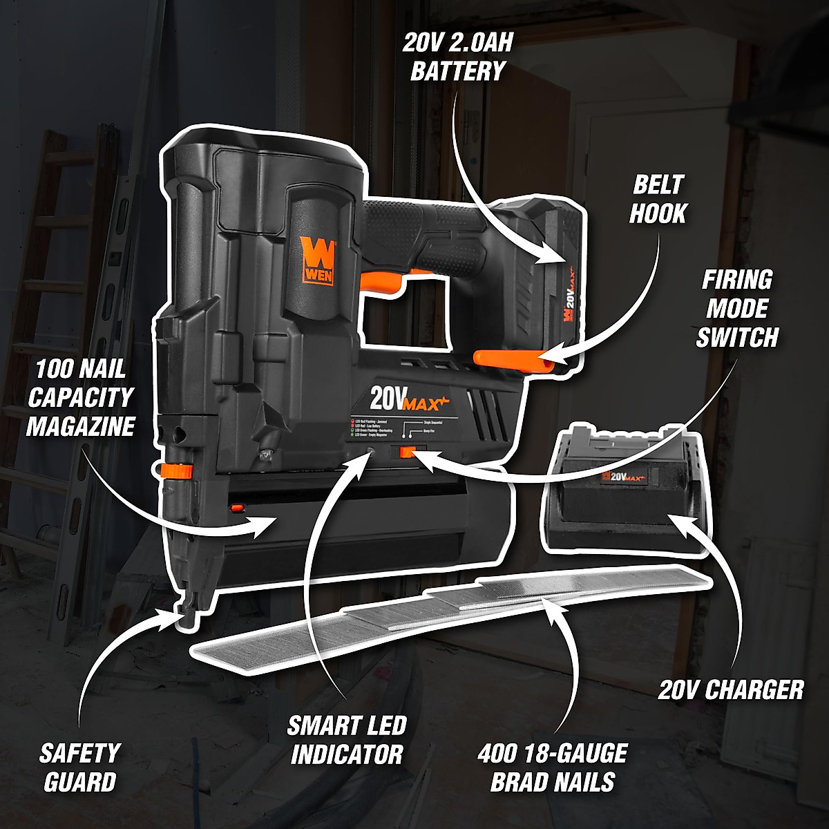 WEN 20V Max Cordless 18-Gauge Brad Nailer with 2.0Ah Battery and Charger (20512)