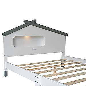 Harper & Bright Designs Full Bed Frames with House-Shaped Headboard, Wooden Kids Full Platform Bed Frame with Motion Activated Night Lights, Cute Single Full Bed for Girls Boys,White+Gray