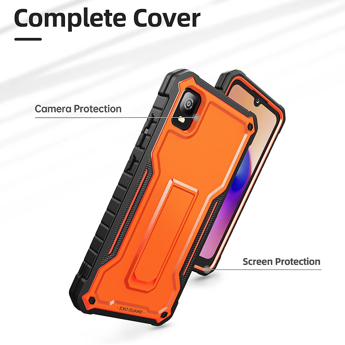 ExoGuard for TCL 30Z Case, TCL 30 LE Case, Rubber Shockproof Full-Body Cover Case Come with a Tempered Glass Screen Protector and Kickstand (Orange)