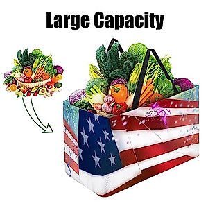 KQNZT Reusable Grocery Bags, Heavy Duty Reusable Shopping Bags, Large Tote Bags with Long Handles and Reinforced Bottom, American Flag and 4Th July Fireworks