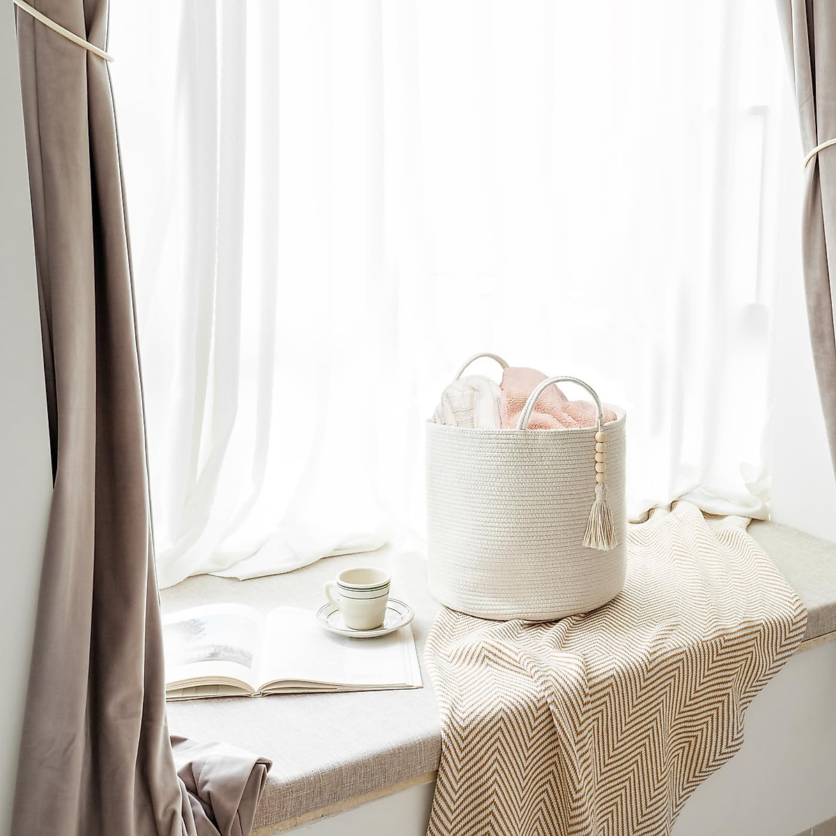 Mkono Woven Storage Basket with Handles Decorative Cotton Rope Basket Wooden Bead Decoration for Blankets,Toys,Clothes,Living Room Home Decor, 11", White