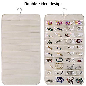SPIKG Hanging Jewelry Organizer Holder , Storage Bag for Earrings Necklace Bracelet Ring Accessory Display Holder Box (Beige -80 Pockets)