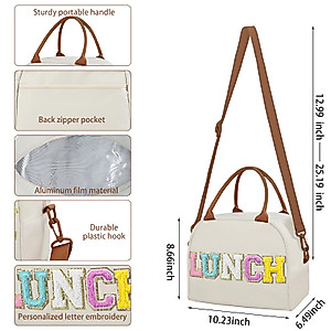 Lunch Box for Women, Large Insulated Lunch Bag, Personalized Preppy Lunch Box for Girls Adults with Adjustable Shoulder Straps,Lunch Bag Women with Chenille Letters（Beige-lunch）