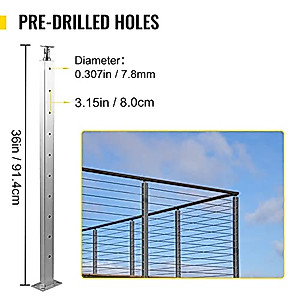 VEVOR Cable Railing Post Level Deck Stair Post 36 x 0.98 x 1.97" Cable Handrail Post Stainless Steel Wire Drawing Deck Railing Pre-Drilled Pickets with Mounting Bracket Stair Railing Kit Silver