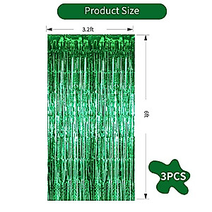 3Pcs Green Metallic Tinsel Foil Fringe Curtains,3.28ft x 6.56ft Green Photo Booth Backdrop Streamer Curtain,Photo Booth Props,Ideal for Bachelorette,Birthday,Christmas,New Year Party Decorations