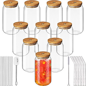 Haundry 10 pack Beer Glass Cups with Bamboo Lids and Straws, 16oz Can Glasses Drinking Glasses Set of 10, Glass Tumbler Cups for Iced Coffee, Beer, Soda, Tea, Smoothies