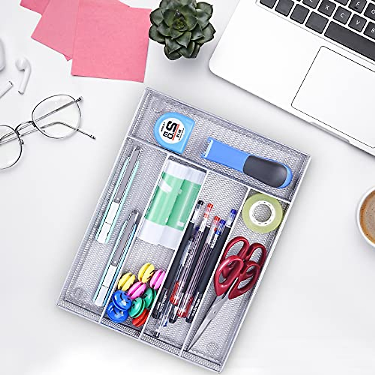 WuGeShop Desk Drawer Organizer Tray 5 Compartments, Metal Mesh Desk Drawer Storage Tray with Non-slip Mats for Office, Bathroom, Kitchen, Silver