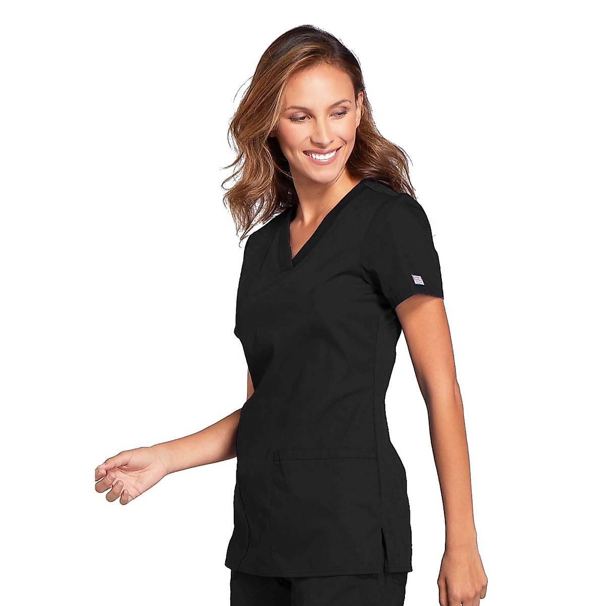V-Neck Womens Scrubs Top Workwear Originals with Rib-Knit Back Panels WW645, M, Black
