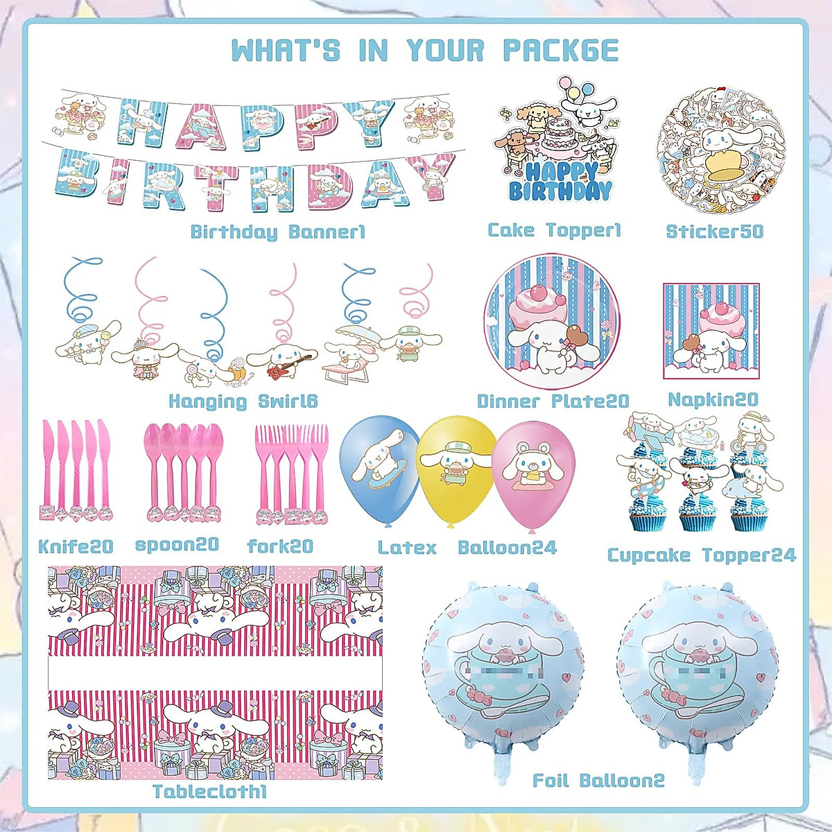 Grehge oroll Birthday Decorations For 20 Guests,Cinnamoroll Party Supplies Included